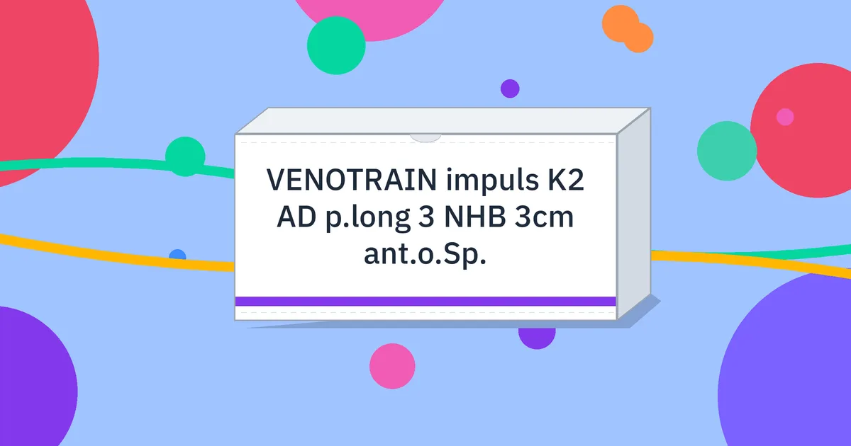 Symbolbild: Packung mit der Aufschrift VENOTRAIN impuls K2 AD p.long 3 NHB 3cm ant.o.Sp. (PZN 15224550) – Verfügbarkeit und Bezug in Apotheken in Frankfurt am Main