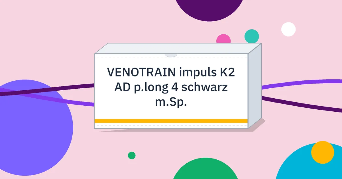 Symbolbild: Packung mit der Aufschrift VENOTRAIN impuls K2 AD p.long 4 schwarz m.Sp. (PZN 00624982) – Verfügbarkeit und Bezug in Apotheken in Frankfurt am Main