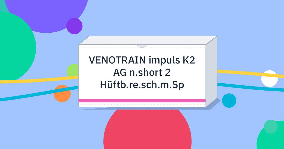 Symbolbild: Packung mit der Aufschrift VENOTRAIN impuls K2 AG n.short 2 Hüftb.re.sch.m.Sp (PZN 10292937) – Verfügbarkeit und Bezug in Apotheken in Frankfurt am Main
