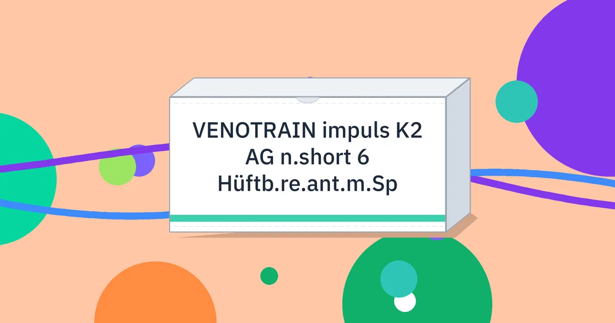 Symbolbild: Packung mit der Aufschrift VENOTRAIN impuls K2 AG n.short 6 Hüftb.re.ant.m.Sp (PZN 15216993) – Verfügbarkeit und Bezug in Apotheken in Frankfurt am Main