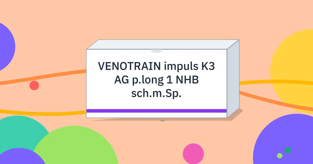 Symbolbild: Packung mit der Aufschrift VENOTRAIN impuls K3 AG p.long 1 NHB sch.m.Sp. (PZN 00530063) – Verfügbarkeit und Bezug in Apotheken in Frankfurt am Main
