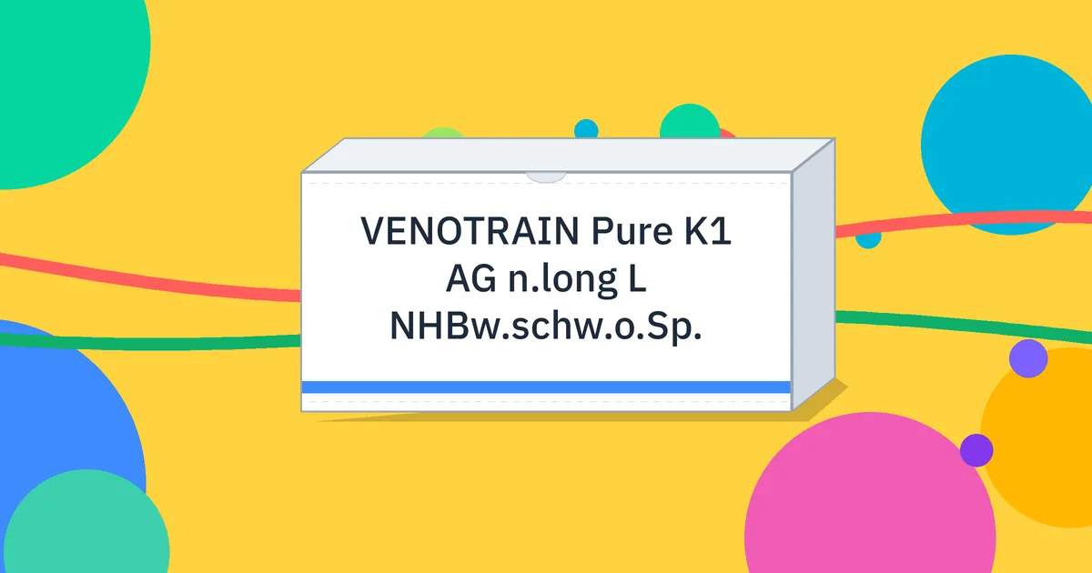 Symbolbild: Packung mit der Aufschrift VENOTRAIN Pure K1 AG n.long L NHBw.schw.o.Sp. (PZN 18150881) – Verfügbarkeit und Bezug in Apotheken in Frankfurt am Main