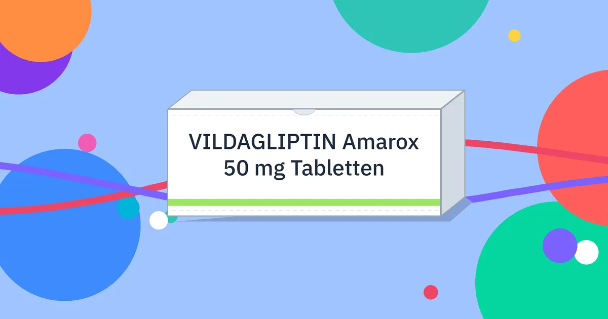 Symbolbild: Packung mit der Aufschrift VILDAGLIPTIN Amarox 50 mg Tabletten (PZN 19500797) – Verfügbarkeit und Bezug in Apotheken in Frankfurt am Main