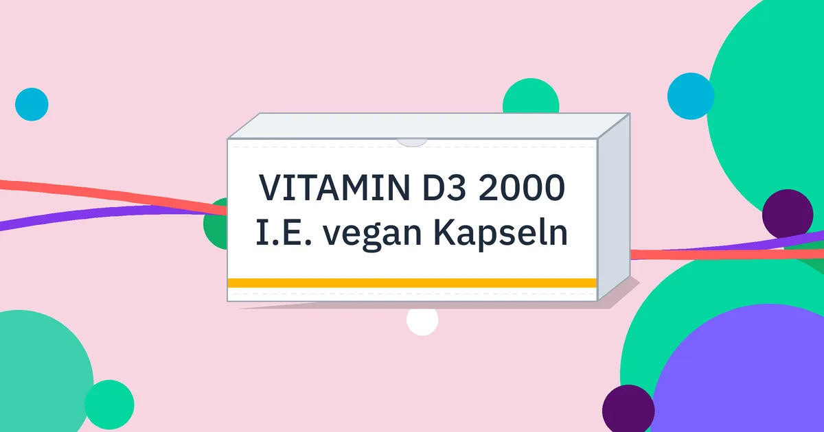 Symbolbild: Packung mit der Aufschrift VITAMIN D3 2000 I.E. vegan Kapseln (PZN 18181226) – Verfügbarkeit und Bezug in Apotheken in Frankfurt am Main