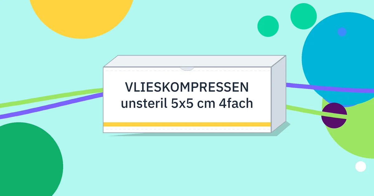 Symbolbild: Packung mit der Aufschrift VLIESKOMPRESSEN unsteril 5x5 cm 4fach (PZN 02249241) – Verfügbarkeit und Bezug in Apotheken in Frankfurt am Main
