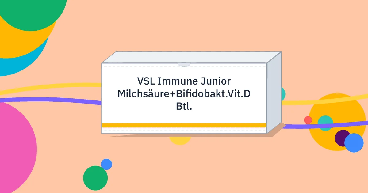 Symbolbild: Packung mit der Aufschrift VSL Immune Junior Milchsäure+Bifidobakt.Vit.D Btl. (PZN 19412219) – Verfügbarkeit und Bezug in Apotheken in Frankfurt am Main