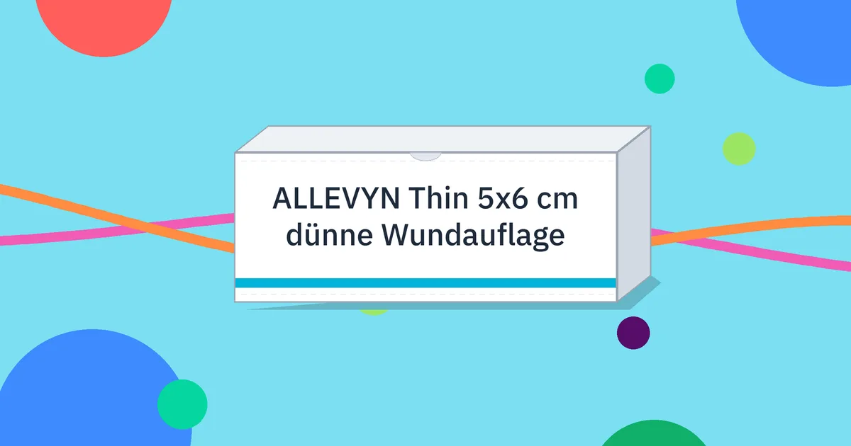 Symbolbild: Packung mit der Aufschrift ALLEVYN Thin 5x6 cm dünne Wundauflage (PZN 18051274) – Verfügbarkeit und Bezug in Apotheken in Frankfurt am Main