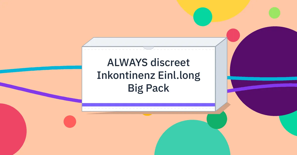 Symbolbild: Packung mit der Aufschrift ALWAYS discreet Inkontinenz Einl.long Big Pack (PZN 18206239) – Verfügbarkeit und Bezug in Apotheken in Frankfurt am Main