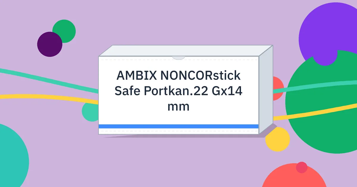 Symbolbild: Packung mit der Aufschrift AMBIX NONCORstick Safe Portkan.22 Gx14 mm (PZN 10048947) – Verfügbarkeit und Bezug in Apotheken in Frankfurt am Main