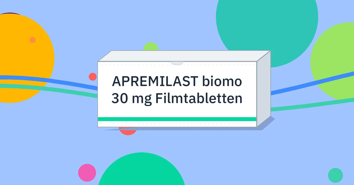 Symbolbild: Packung mit der Aufschrift APREMILAST biomo 30 mg Filmtabletten (PZN 19391078) – Verfügbarkeit und Bezug in Apotheken in Frankfurt am Main