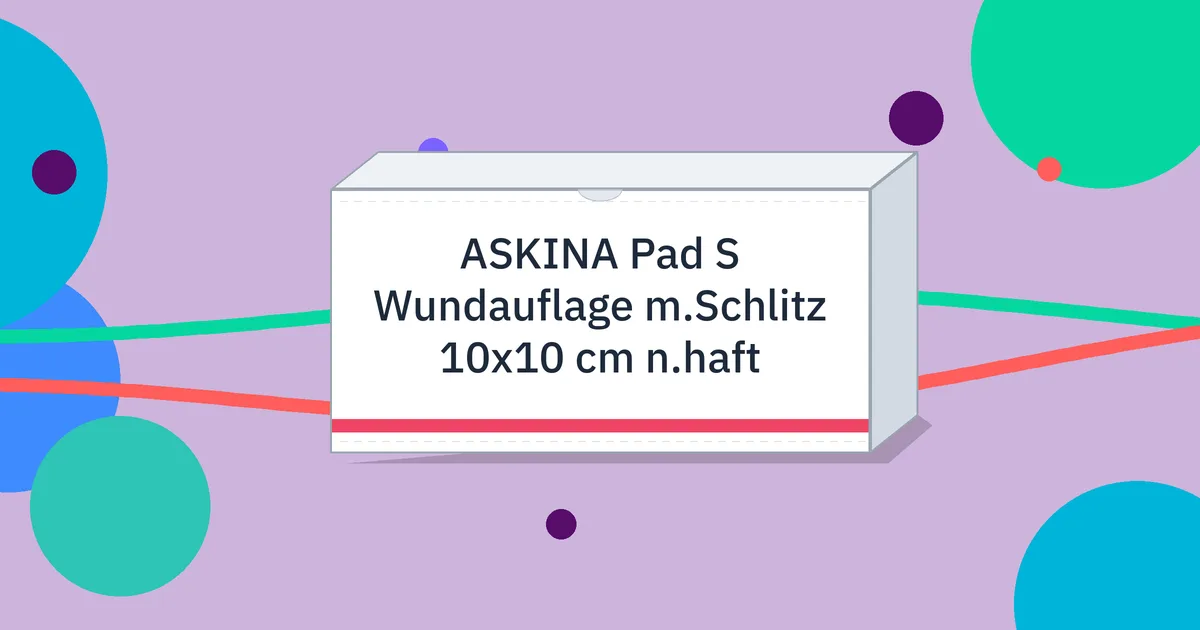 Symbolbild: Packung mit der Aufschrift ASKINA Pad S Wundauflage m.Schlitz 10x10 cm n.haft (PZN 18208557) – Verfügbarkeit und Bezug in Apotheken in Frankfurt am Main