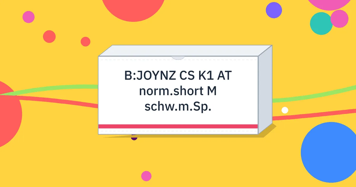 Symbolbild: Packung mit der Aufschrift B:JOYNZ CS K1 AT norm.short M schw.m.Sp. (PZN 20537021) – Verfügbarkeit und Bezug in Apotheken in Frankfurt am Main