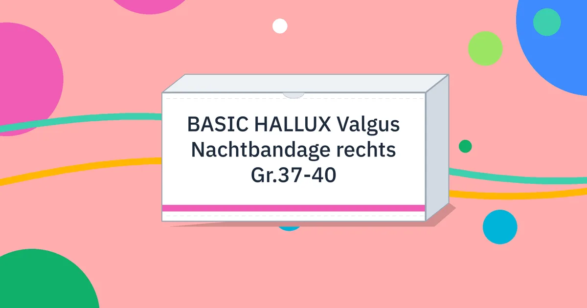 Symbolbild: Packung mit der Aufschrift BASIC HALLUX Valgus Nachtbandage rechts Gr.37-40 (PZN 15380965) – Verfügbarkeit und Bezug in Apotheken in Frankfurt am Main