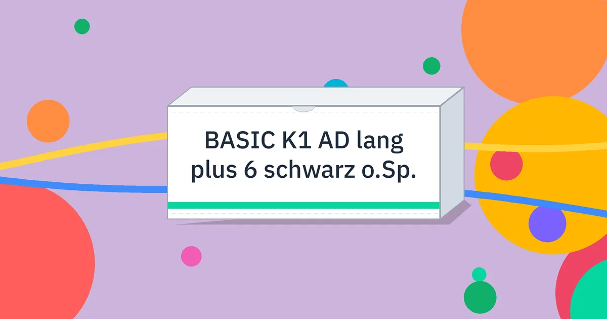 Symbolbild: Packung mit der Aufschrift BASIC K1 AD lang plus 6 schwarz o.Sp. (PZN 20259119) – Verfügbarkeit und Bezug in Apotheken in Frankfurt am Main