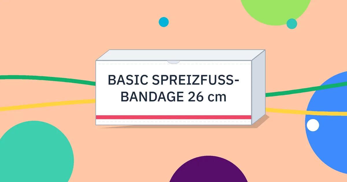 Symbolbild: Packung mit der Aufschrift BASIC SPREIZFUSS-BANDAGE 26 cm (PZN 15381108) – Verfügbarkeit und Bezug in Apotheken in Frankfurt am Main