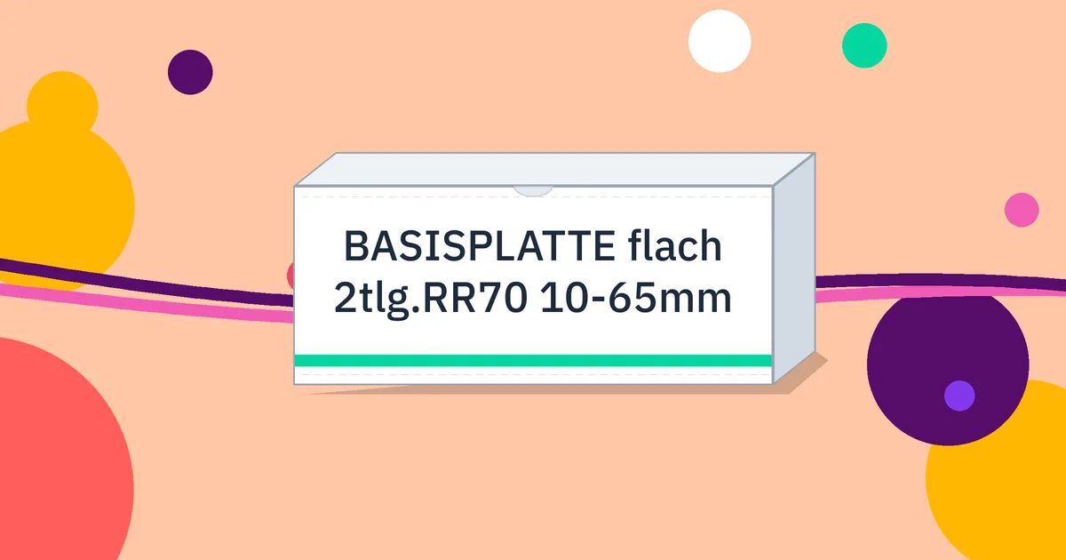 Symbolbild: Packung mit der Aufschrift BASISPLATTE flach 2tlg.RR70 10-65mm (PZN 10382586) – Verfügbarkeit und Bezug in Apotheken in Frankfurt am Main