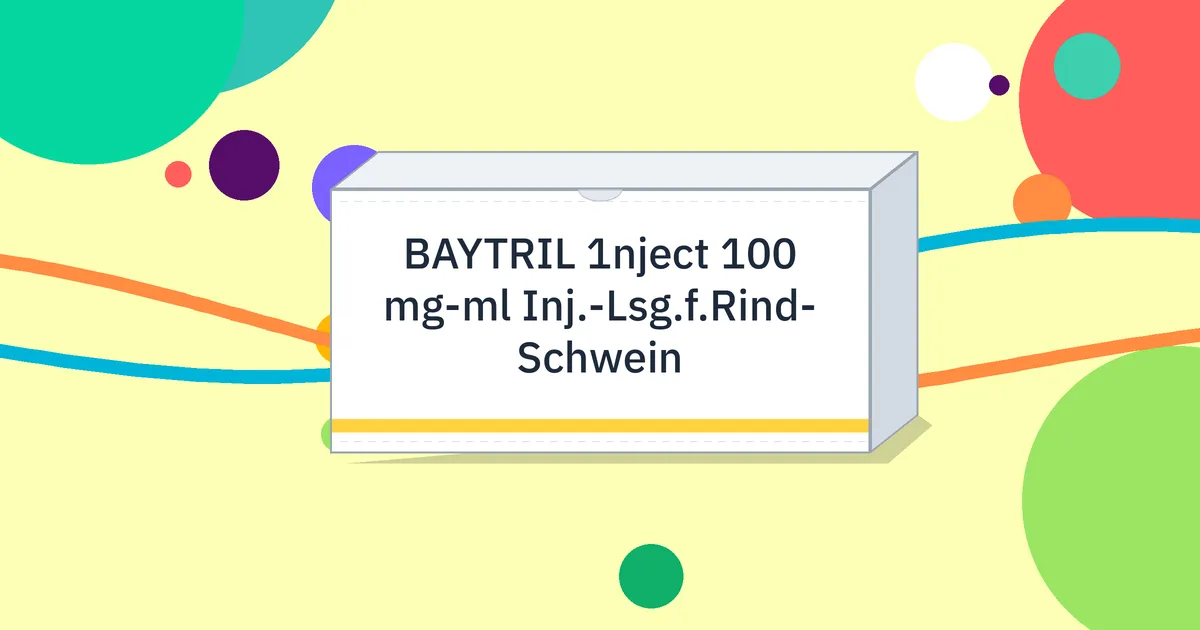 Symbolbild: Packung mit der Aufschrift BAYTRIL 1nject 100 mg-ml Inj.-Lsg.f.Rind-Schwein (PZN 03979875) – Verfügbarkeit und Bezug in Apotheken in Frankfurt am Main