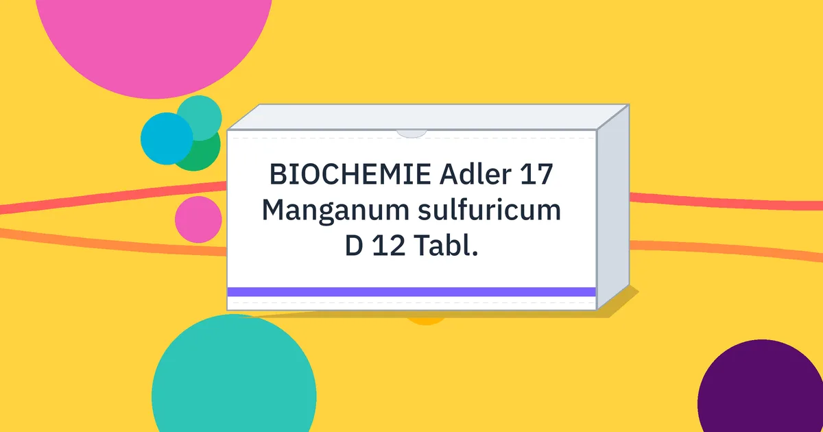Symbolbild: Packung mit der Aufschrift BIOCHEMIE Adler 17 Manganum sulfuricum D 12 Tabl. (PZN 00833444) – Verfügbarkeit und Bezug in Apotheken in Frankfurt am Main