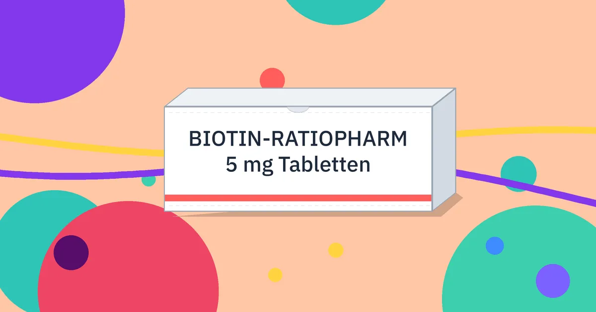Symbolbild: Packung mit der Aufschrift BIOTIN-RATIOPHARM 5 mg Tabletten (PZN 03659722) – Verfügbarkeit und Bezug in Apotheken in Frankfurt am Main