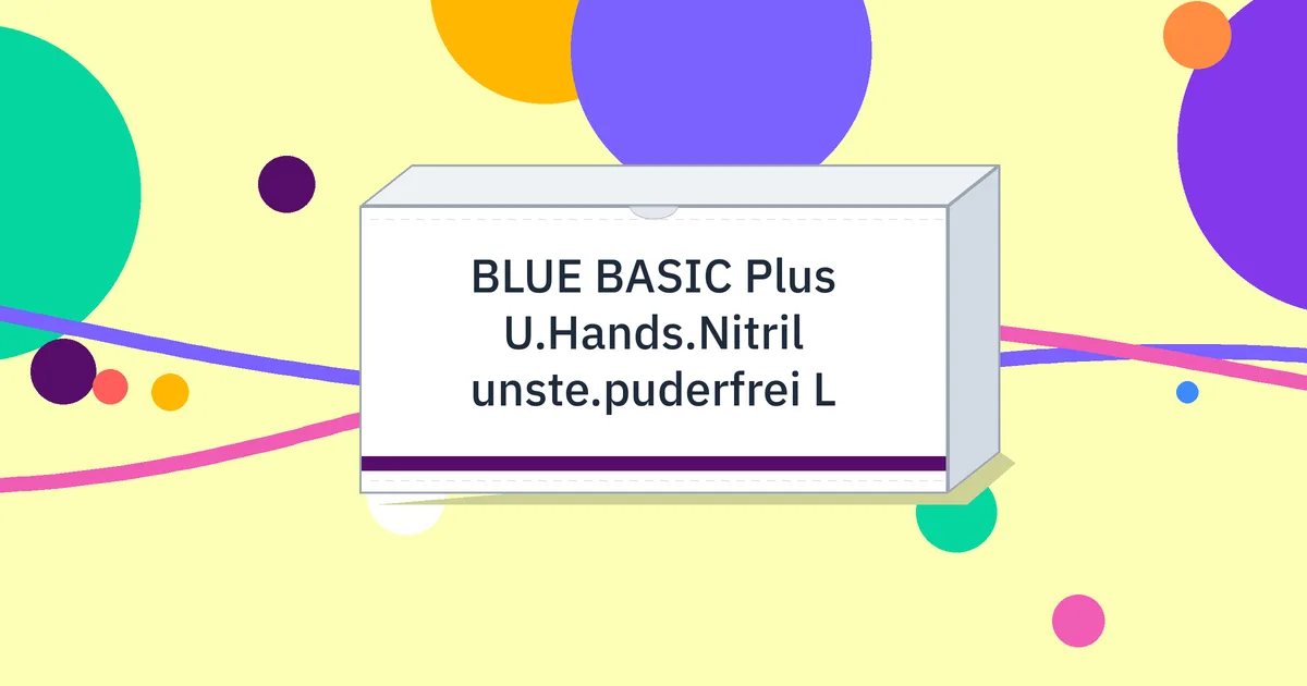 Symbolbild: Packung mit der Aufschrift BLUE BASIC Plus U.Hands.Nitril unste.puderfrei L (PZN 15577679) – Verfügbarkeit und Bezug in Apotheken in Frankfurt am Main