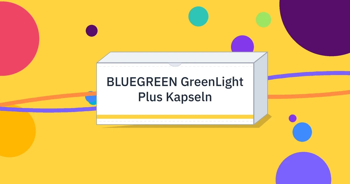 Symbolbild: Packung mit der Aufschrift BLUEGREEN GreenLight Plus Kapseln (PZN 13655205) – Verfügbarkeit und Bezug in Apotheken in Frankfurt am Main