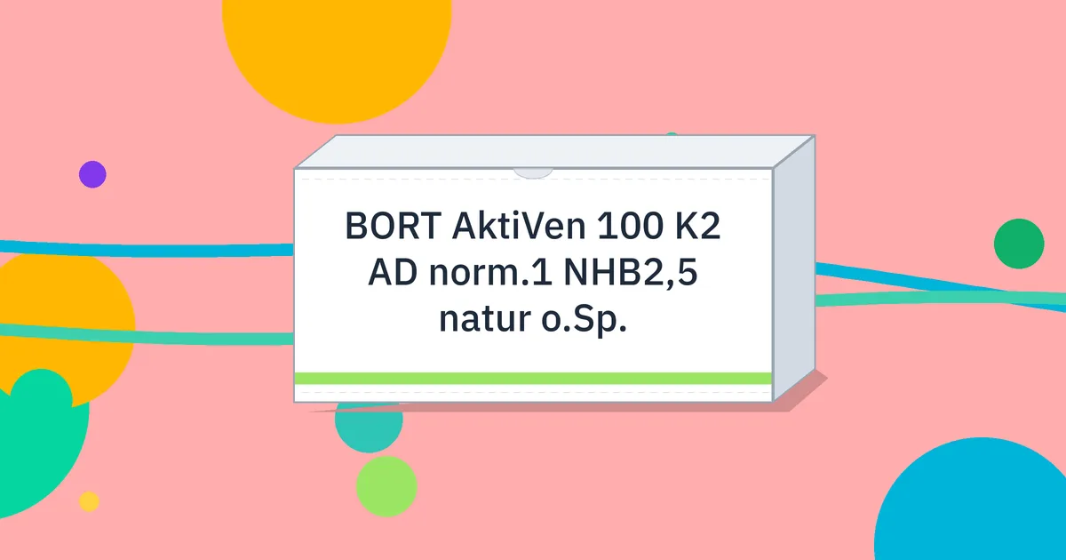 Symbolbild: Packung mit der Aufschrift BORT AktiVen 100 K2 AD norm.1 NHB2,5 natur o.Sp. (PZN 17498553) – Verfügbarkeit und Bezug in Apotheken in Frankfurt am Main