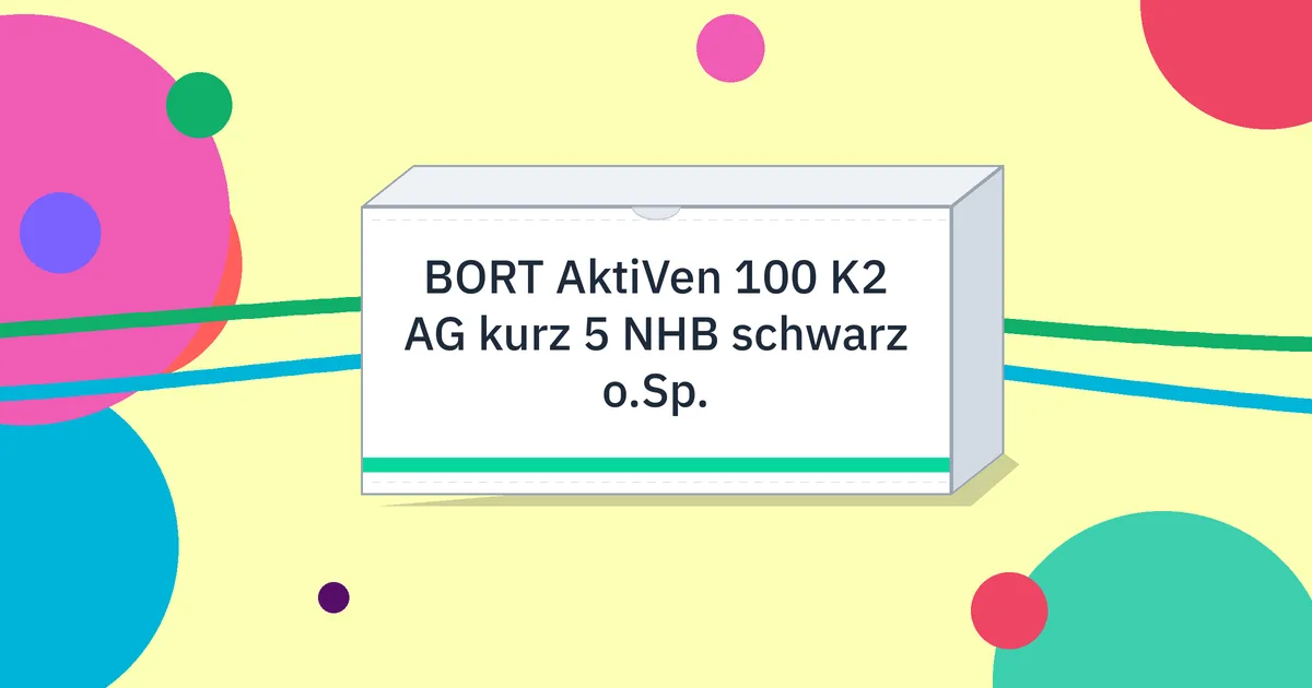 Symbolbild: Packung mit der Aufschrift BORT AktiVen 100 K2 AG kurz 5 NHB schwarz o.Sp. (PZN 14387422) – Verfügbarkeit und Bezug in Apotheken in Frankfurt am Main