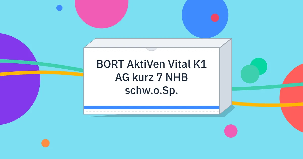 Symbolbild: Packung mit der Aufschrift BORT AktiVen Vital K1 AG kurz 7 NHB schw.o.Sp. (PZN 13735648) – Verfügbarkeit und Bezug in Apotheken in Frankfurt am Main