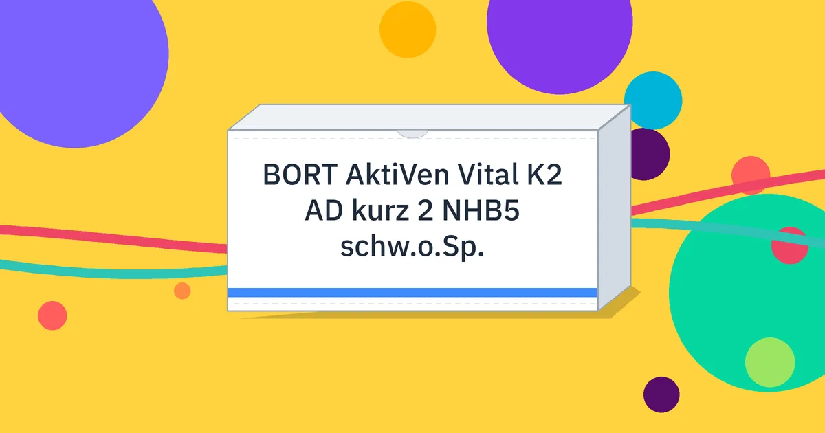 Symbolbild: Packung mit der Aufschrift BORT AktiVen Vital K2 AD kurz 2 NHB5 schw.o.Sp. (PZN 17493171) – Verfügbarkeit und Bezug in Apotheken in Frankfurt am Main