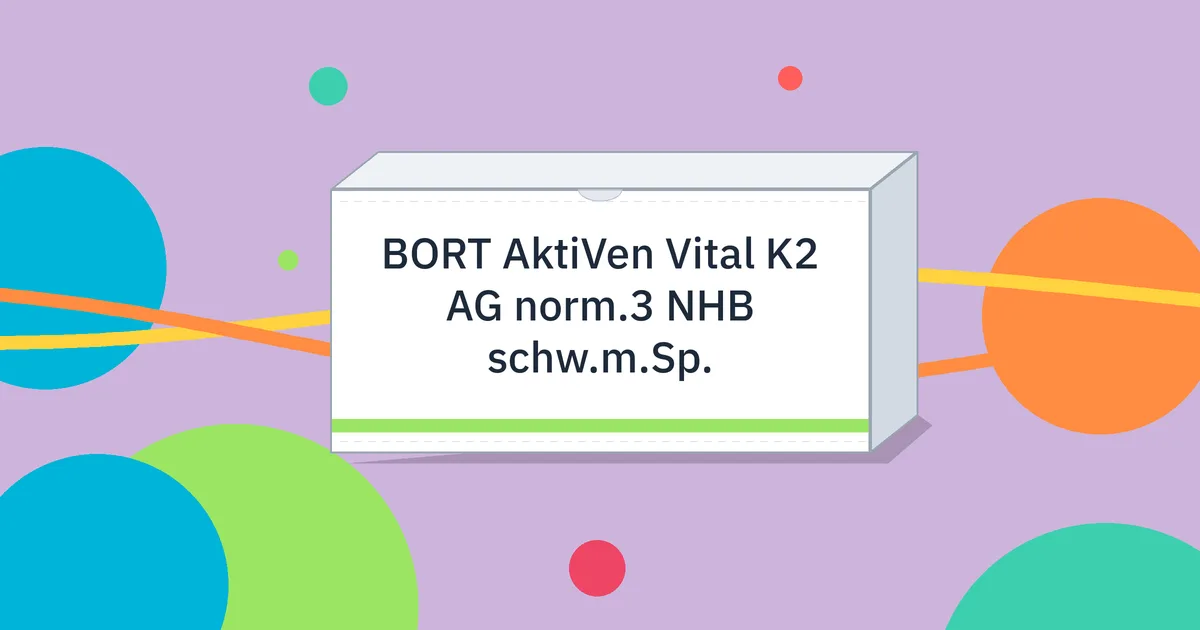 Symbolbild: Packung mit der Aufschrift BORT AktiVen Vital K2 AG norm.3 NHB schw.m.Sp. (PZN 12384997) – Verfügbarkeit und Bezug in Apotheken in Frankfurt am Main