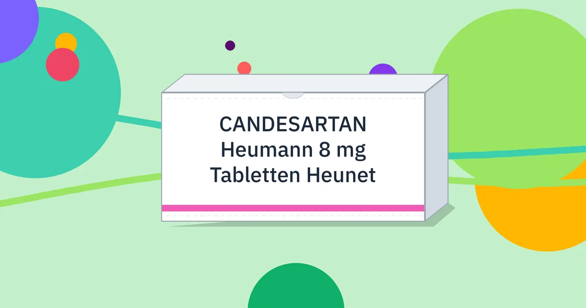 Symbolbild: Packung mit der Aufschrift CANDESARTAN Heumann 8 mg Tabletten Heunet (PZN 14211491) – Verfügbarkeit und Bezug in Apotheken in Frankfurt am Main