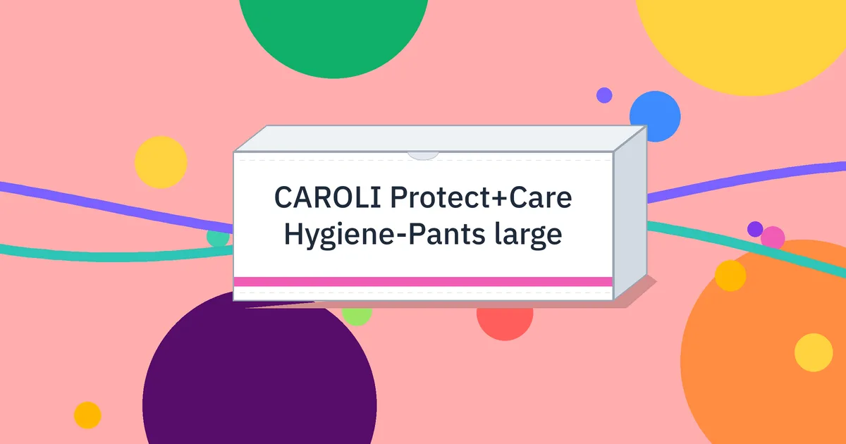 Symbolbild: Packung mit der Aufschrift CAROLI Protect+Care Hygiene-Pants large (PZN 16356590) – Verfügbarkeit und Bezug in Apotheken in Frankfurt am Main