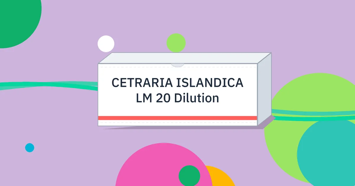 Symbolbild: Packung mit der Aufschrift CETRARIA ISLANDICA LM 20 Dilution (PZN 12812186) – Verfügbarkeit und Bezug in Apotheken in Frankfurt am Main