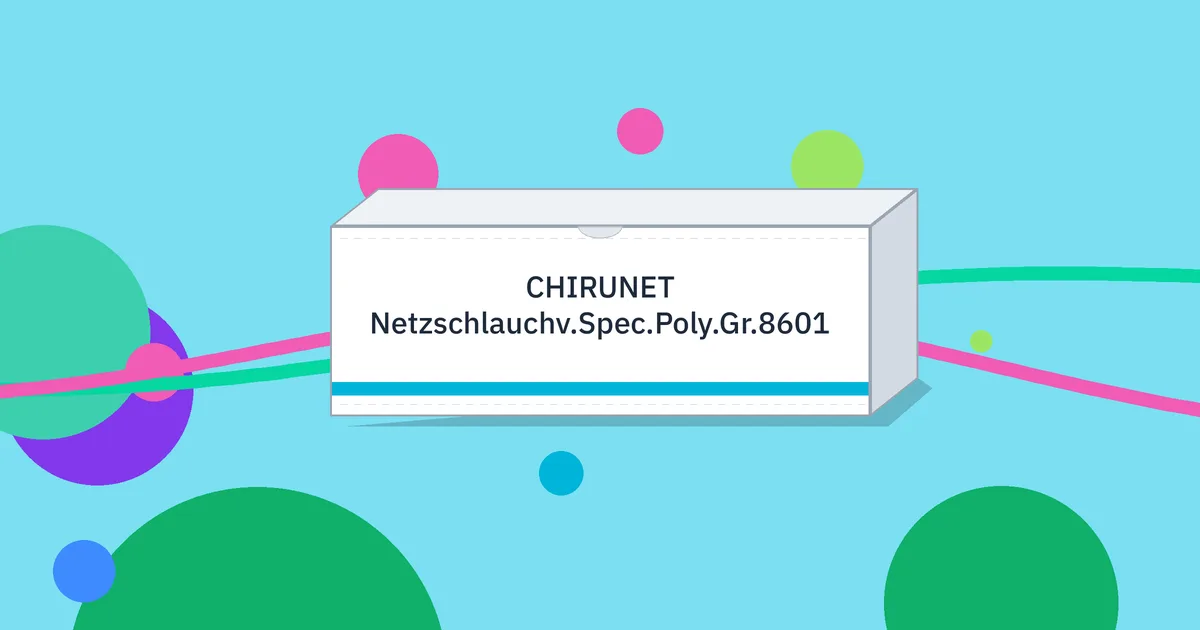 Symbolbild: Packung mit der Aufschrift CHIRUNET Netzschlauchv.Spec.Poly.Gr.8601 (PZN 08536993) – Verfügbarkeit und Bezug in Apotheken in Frankfurt am Main