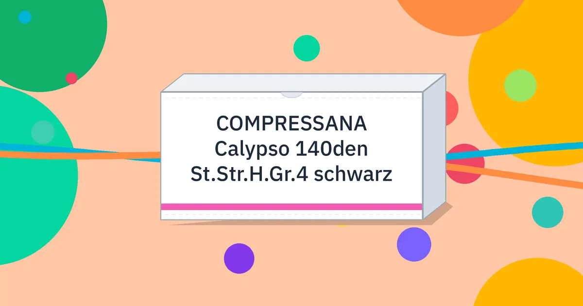 Symbolbild: Packung mit der Aufschrift COMPRESSANA Calypso 140den St.Str.H.Gr.4 schwarz (PZN 07720370) – Verfügbarkeit und Bezug in Apotheken in Frankfurt am Main