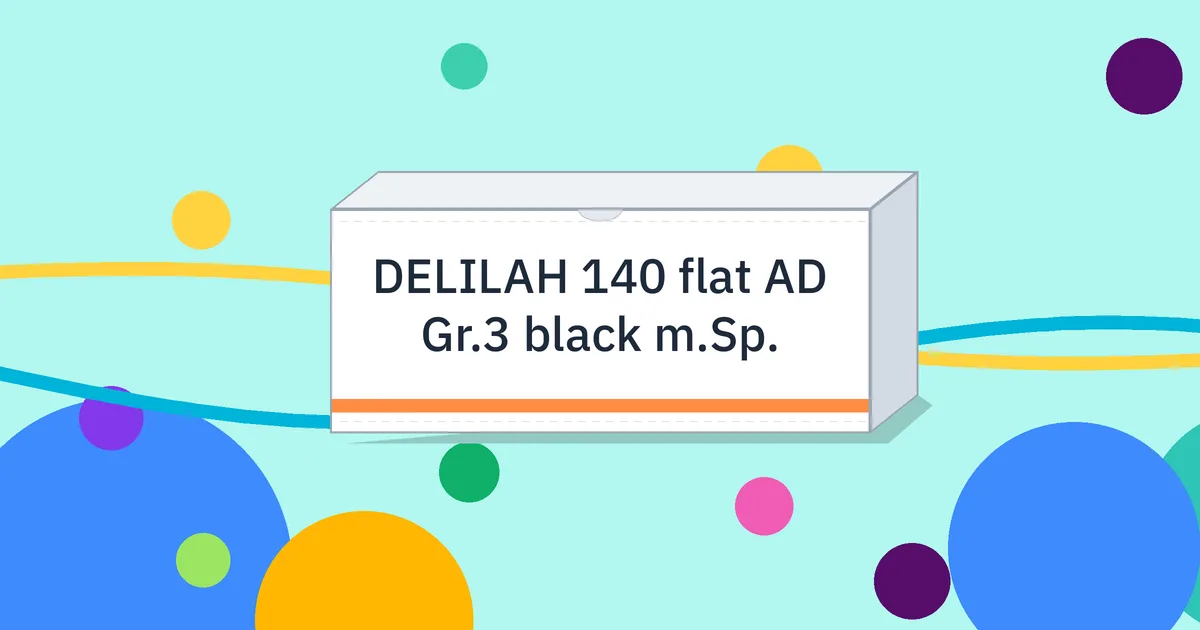 Symbolbild: Packung mit der Aufschrift DELILAH 140 flat AD Gr.3 black m.Sp. (PZN 14247046) – Verfügbarkeit und Bezug in Apotheken in Frankfurt am Main
