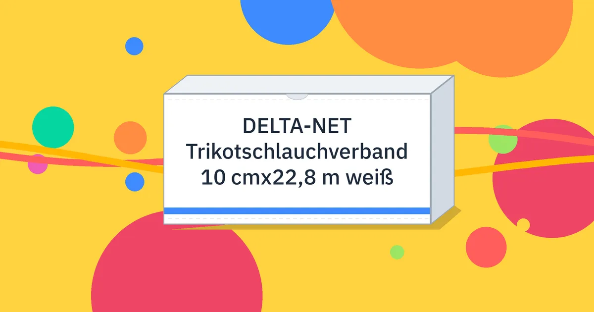 Symbolbild: Packung mit der Aufschrift DELTA-NET Trikotschlauchverband 10 cmx22,8 m weiß (PZN 00855405) – Verfügbarkeit und Bezug in Apotheken in Frankfurt am Main