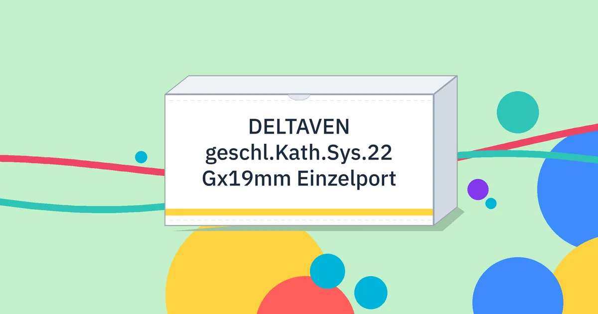 Symbolbild: Packung mit der Aufschrift DELTAVEN geschl.Kath.Sys.22 Gx19mm Einzelport (PZN 13976895) – Verfügbarkeit und Bezug in Apotheken in Frankfurt am Main