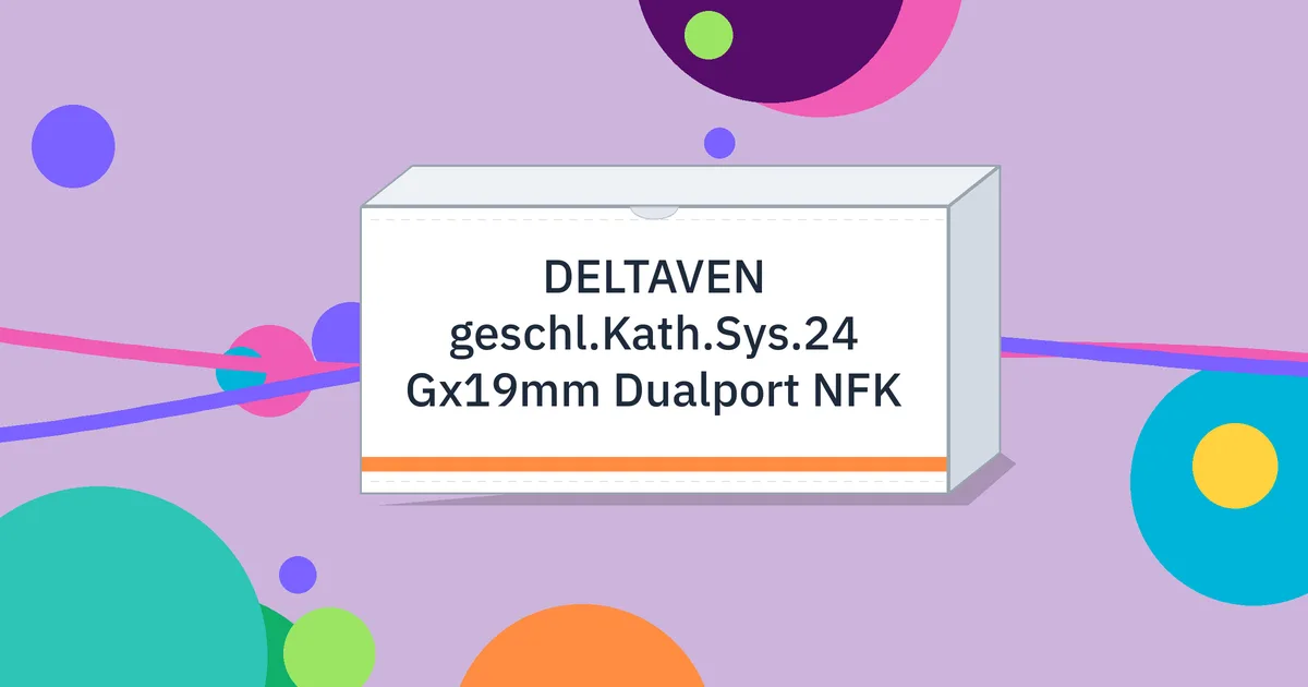 Symbolbild: Packung mit der Aufschrift DELTAVEN geschl.Kath.Sys.24 Gx19mm Dualport NFK (PZN 13977156) – Verfügbarkeit und Bezug in Apotheken in Frankfurt am Main