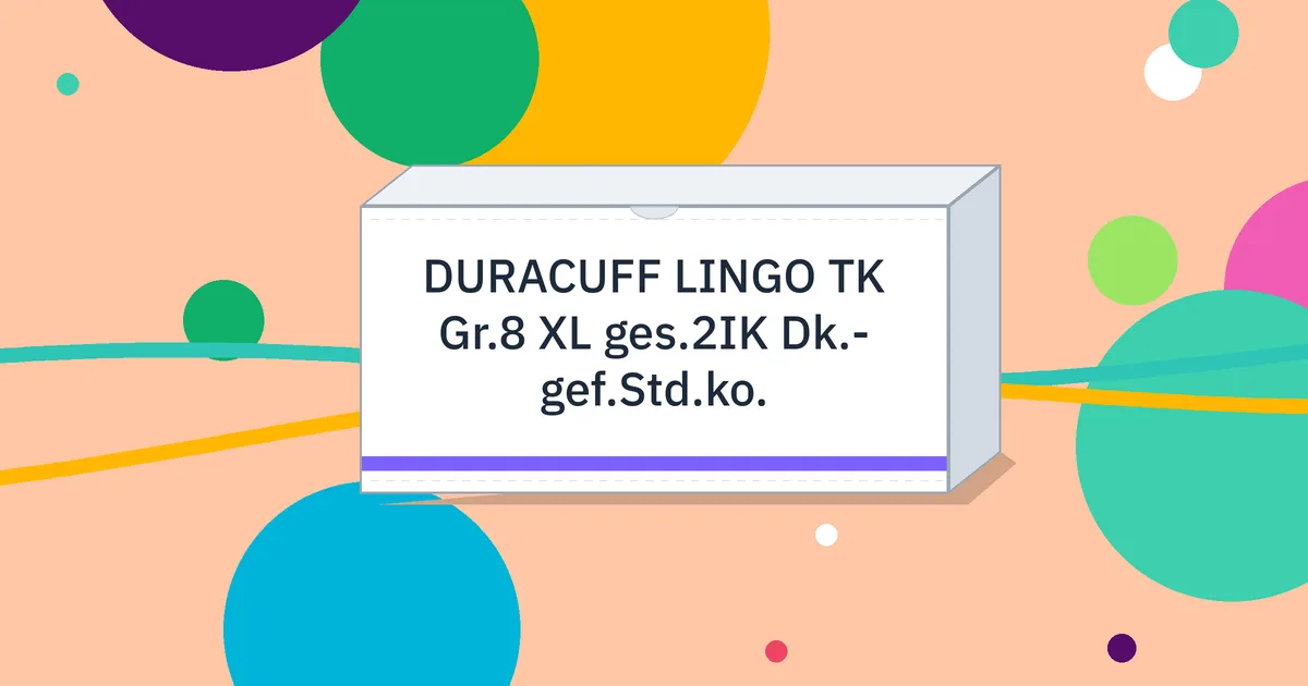 Symbolbild: Packung mit der Aufschrift DURACUFF LINGO TK Gr.8 XL ges.2IK Dk.-gef.Std.ko. (PZN 04963971) – Verfügbarkeit und Bezug in Apotheken in Frankfurt am Main
