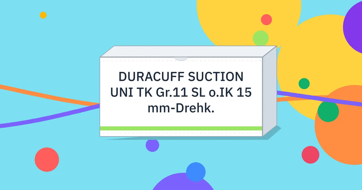 Symbolbild: Packung mit der Aufschrift DURACUFF SUCTION UNI TK Gr.11 SL o.IK 15 mm-Drehk. (PZN 02700701) – Verfügbarkeit und Bezug in Apotheken in Frankfurt am Main