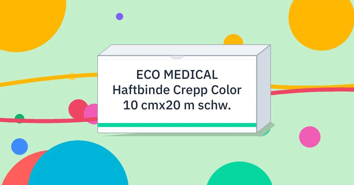 Symbolbild: Packung mit der Aufschrift ECO MEDICAL Haftbinde Crepp Color 10 cmx20 m schw. (PZN 00747704) – Verfügbarkeit und Bezug in Apotheken in Frankfurt am Main