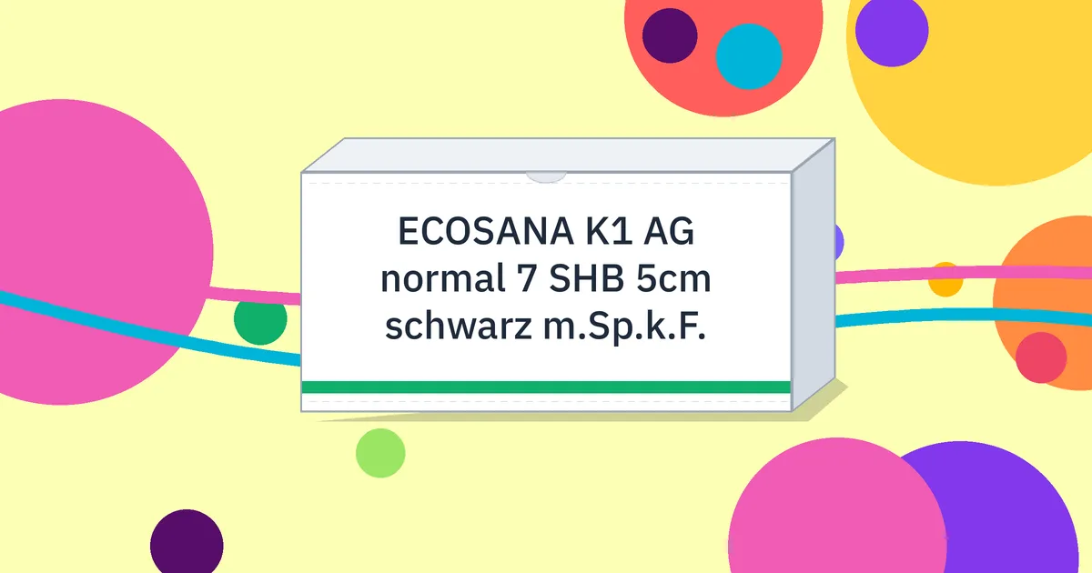 Symbolbild: Packung mit der Aufschrift ECOSANA K1 AG normal 7 SHB 5cm schwarz m.Sp.k.F. (PZN 04730362) – Verfügbarkeit und Bezug in Apotheken in Frankfurt am Main