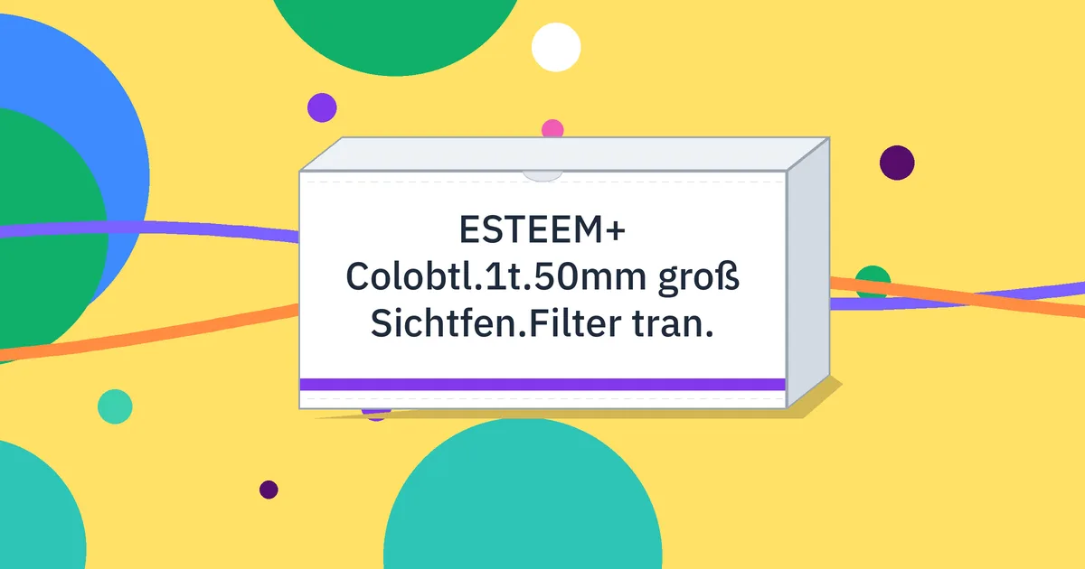 Symbolbild: Packung mit der Aufschrift ESTEEM+ Colobtl.1t.50mm groß Sichtfen.Filter tran. (PZN 13233237) – Verfügbarkeit und Bezug in Apotheken in Frankfurt am Main