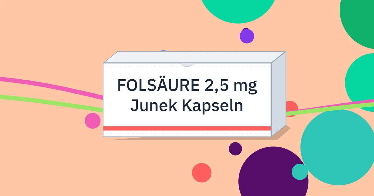 Symbolbild: Packung mit der Aufschrift FOLSÄURE 2,5 mg Junek Kapseln (PZN 15409723) – Verfügbarkeit und Bezug in Apotheken in Frankfurt am Main