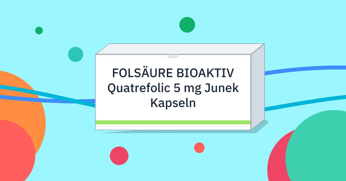 Symbolbild: Packung mit der Aufschrift FOLSÄURE BIOAKTIV Quatrefolic 5 mg Junek Kapseln (PZN 18311114) – Verfügbarkeit und Bezug in Apotheken in Frankfurt am Main