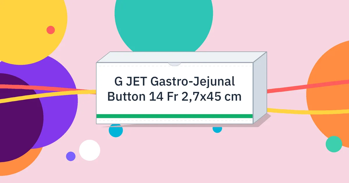 Symbolbild: Packung mit der Aufschrift G JET Gastro-Jejunal Button 14 Fr 2,7x45 cm (PZN 14346593) – Verfügbarkeit und Bezug in Apotheken in Frankfurt am Main