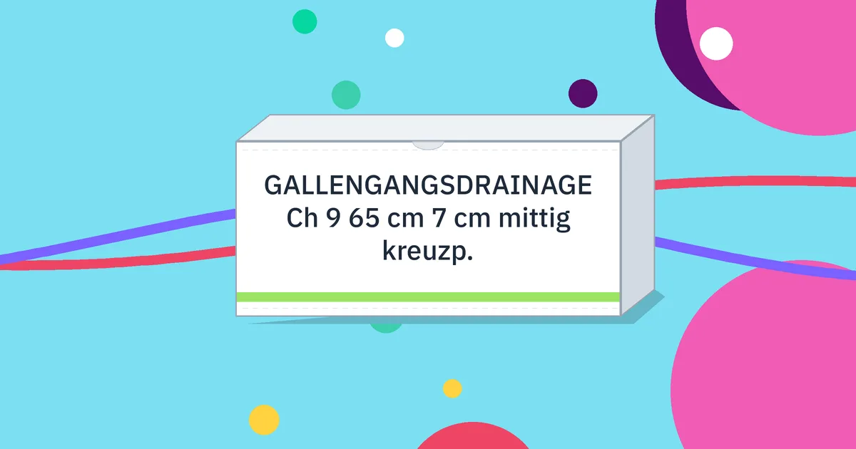 Symbolbild: Packung mit der Aufschrift GALLENGANGSDRAINAGE Ch 9 65 cm 7 cm mittig kreuzp. (PZN 17489531) – Verfügbarkeit und Bezug in Apotheken in Frankfurt am Main