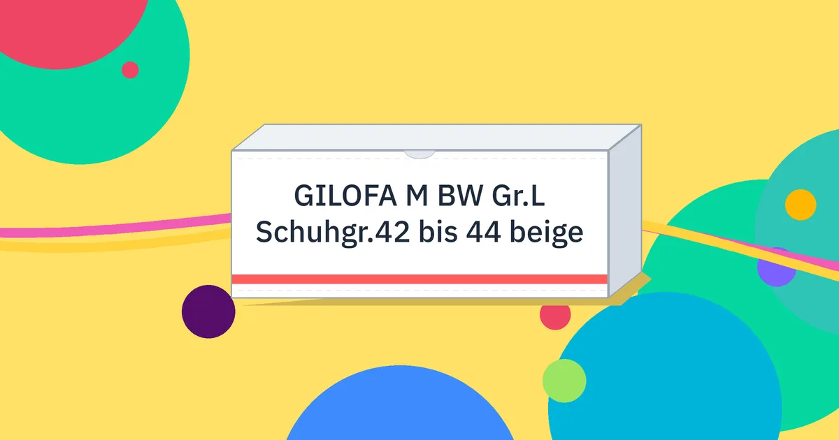 Symbolbild: Packung mit der Aufschrift GILOFA M BW Gr.L Schuhgr.42 bis 44 beige (PZN 16725194) – Verfügbarkeit und Bezug in Apotheken in Frankfurt am Main