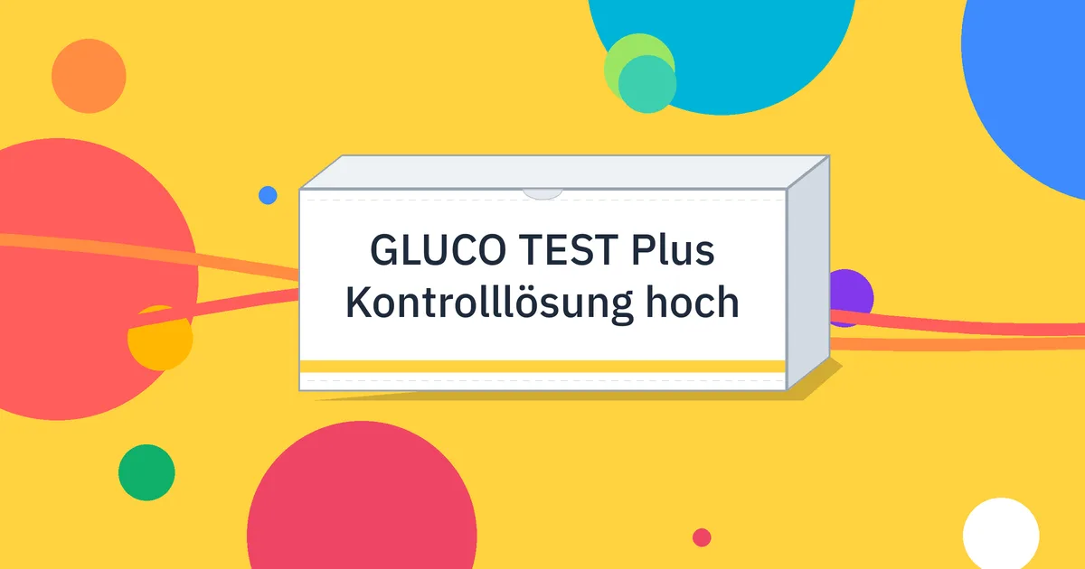 Symbolbild: Packung mit der Aufschrift GLUCO TEST Plus Kontrolllösung hoch (PZN 06799889) – Verfügbarkeit und Bezug in Apotheken in Frankfurt am Main
